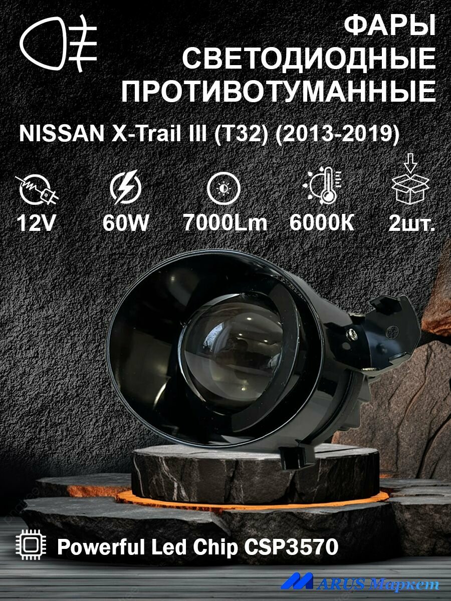 Фары противотуманные NISSAN X-Trail III дорестайлинг (T32) (2013-2019) - светодиодные ПТФ линзы 60W, 6000K