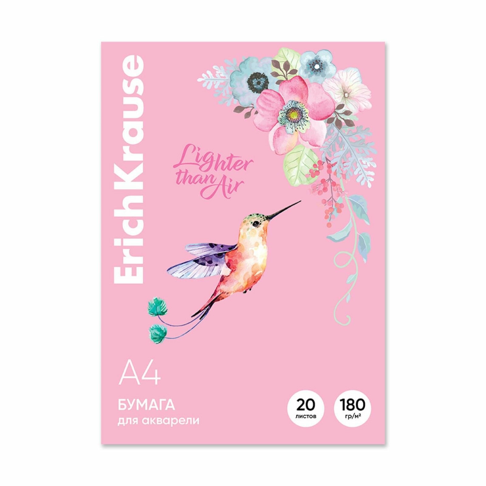 Бумага для акварели А4, 20 листов, Колибри , блок 180 г/м , 100% белизна, в картонной папке