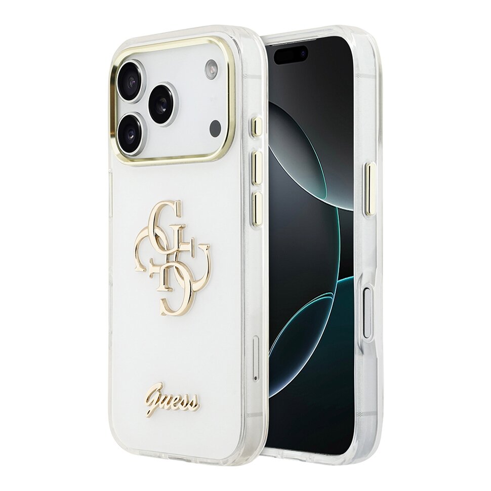 Guess чехол для iPhone 17 Pro, IML 4G Big metal and Script logo, с защитой камеры, белый