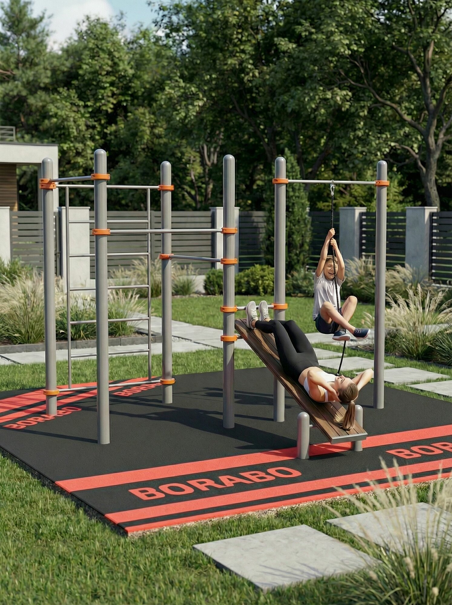 Уличный воркаут комплекс для дачи с шведской стенкой, турниками, и скамьей для пресса BW-36