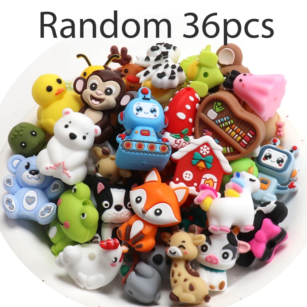 3D силиконовые бусины животные, 36 шт, MIX