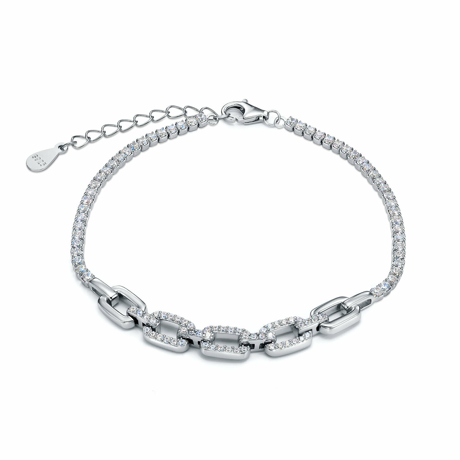 Браслет-цепочка, серебро, 925 проба, родирование, фианит