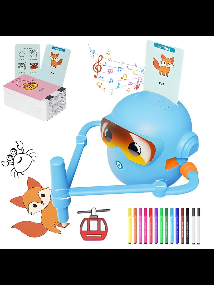 Умный робот-рисовальщик для детей в комплекте 100 карточек со словами и 12 цветных карандашей