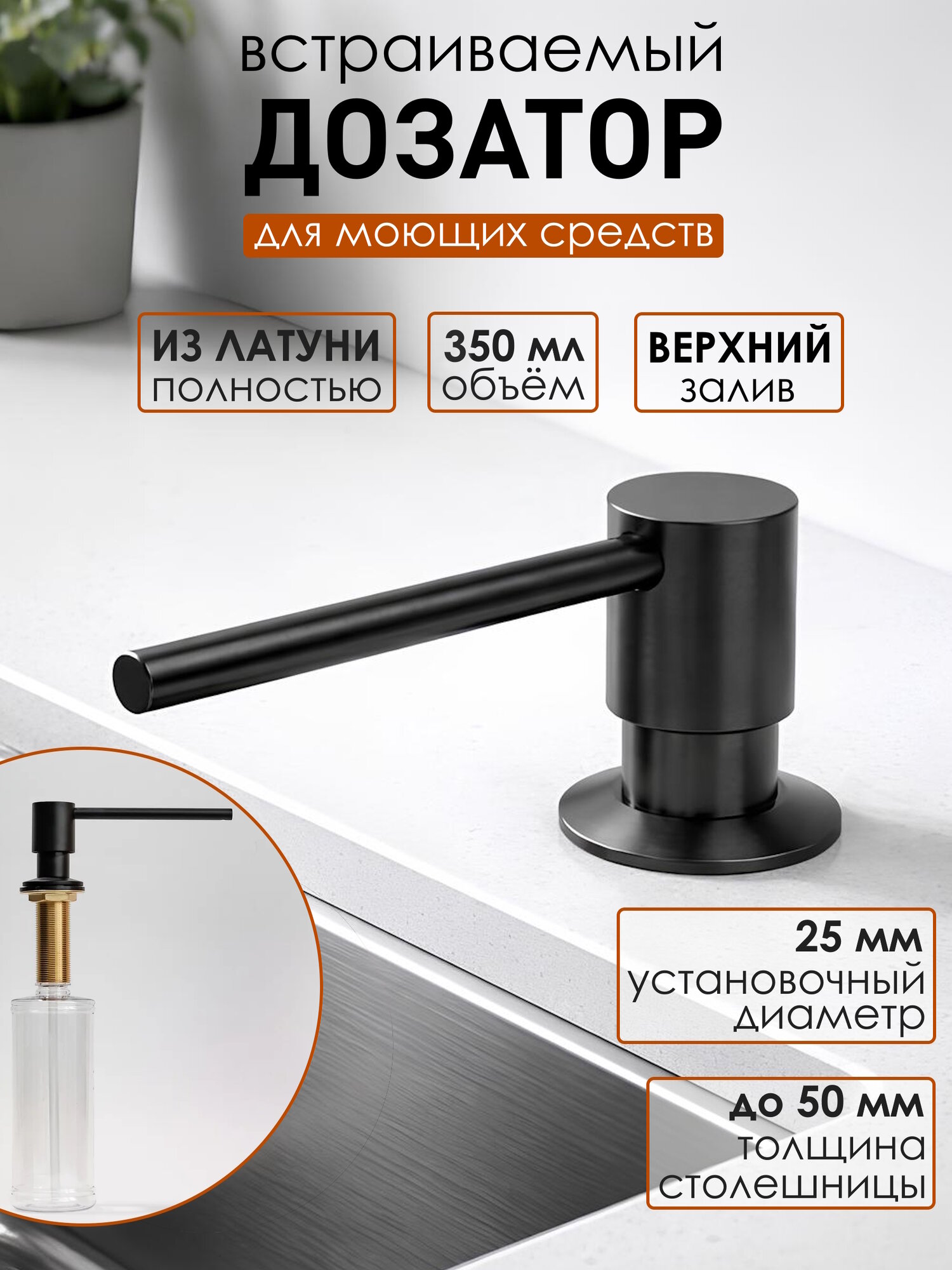 Дозатор для моющего средства встраиваемый Vivi Felice, Черный матовый