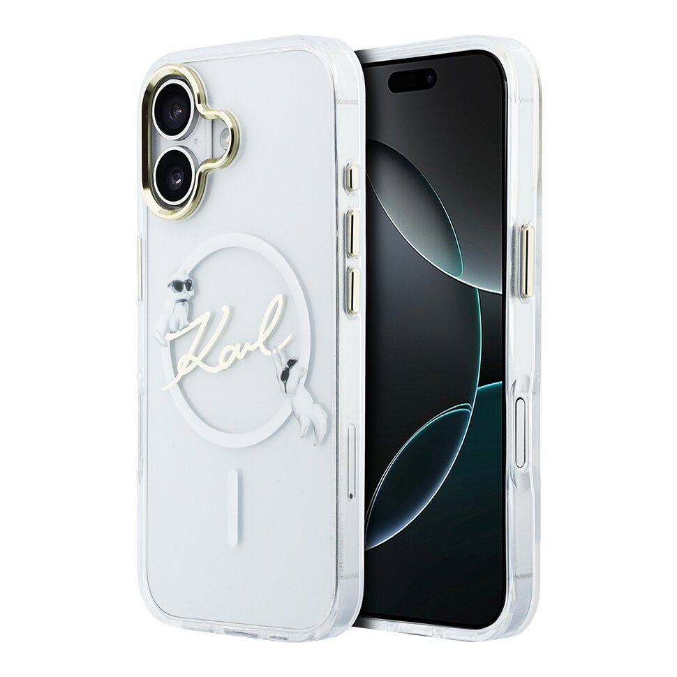 Karl Lagerfeld чехол с MagSafe для iPhone 17, IML NFT Choupettes Script logo Metal Camera, белый