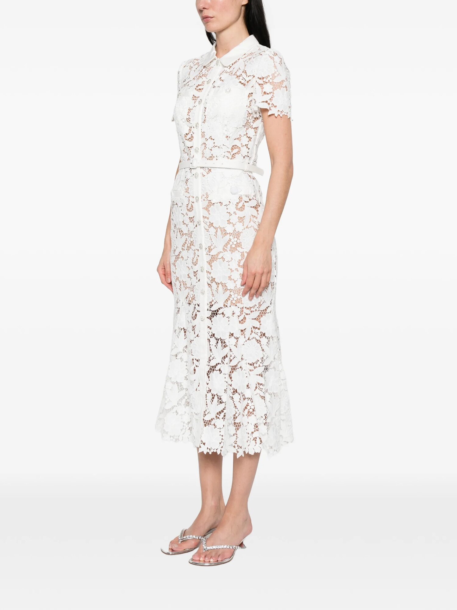 Платье Self-Portrait Lace collared midi dress, размер 8, бежевый/белый — фото 1