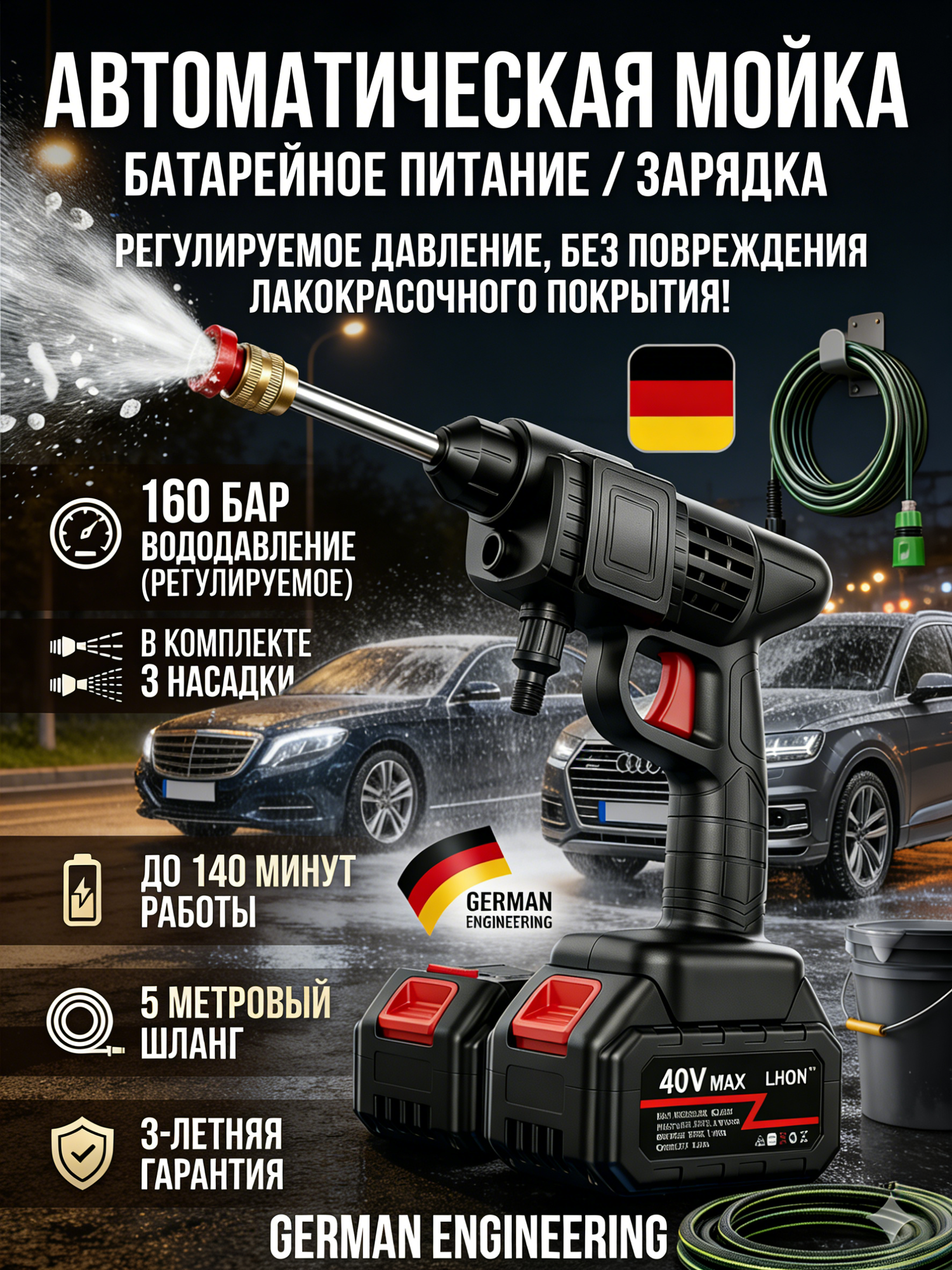 Аккумуляторная автомойка , высокого давления, для автомобиля, в кейсе 2 аккумулятора, минимойка с пистолетом