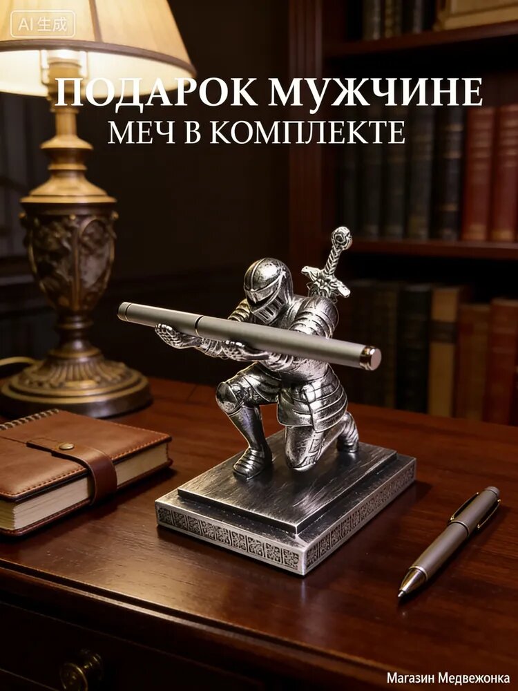 Статуэтка Рыцарь для ручки, высота 15 см, длина 14 см, металл, для украшения рабочего стола