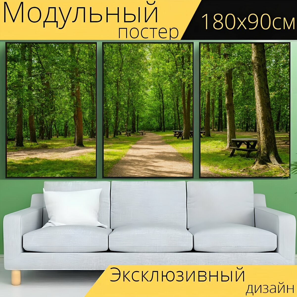 Модульный постер "Лес с тропинками, ведущими к местечкам для пикника и футболу" 180 x 90 см. для интерьера на стену в тубусе