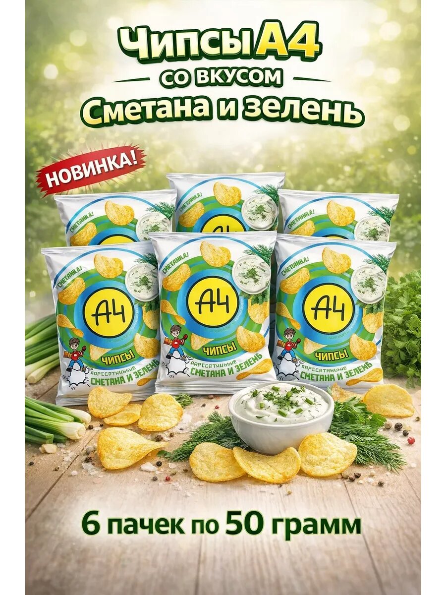 Чипсы А4 со вкусом сметана и зелень 6 пачек по 50г