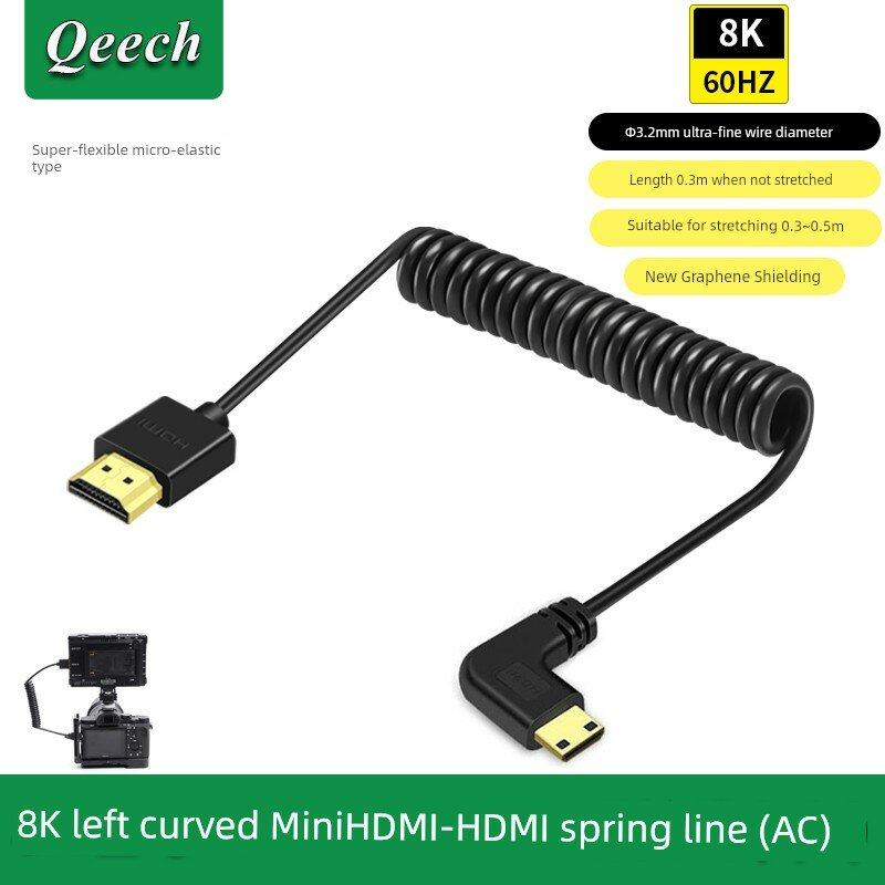 0.3 м 8K Mini HDMI в HDMI Гибкий спиральный кабель с изгибом влево для профессионального видеомониторинга