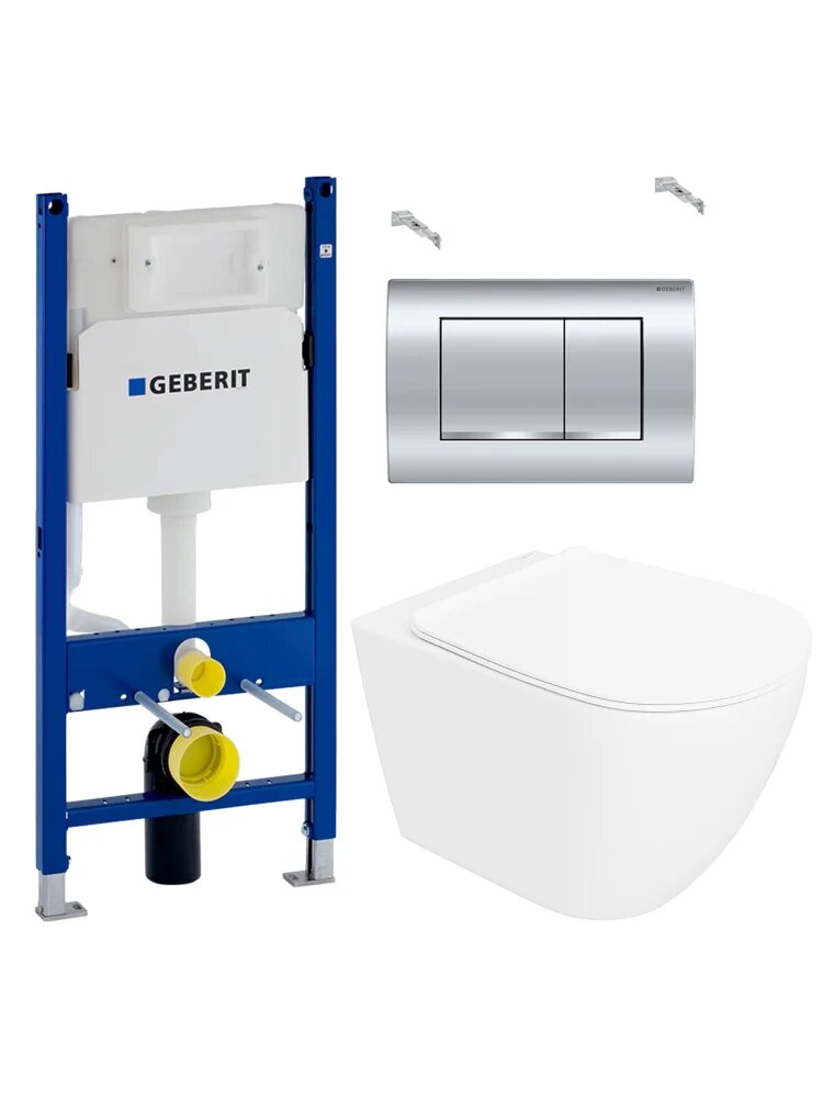 Комплект 4 в 1: Инсталляция Geberit Duofix Delta 458.163.21.2 / Унитаз подвесной STWORKI Готланд S13401WH безободковый, с микролифтом / Кнопка хром, Комплект креплений
