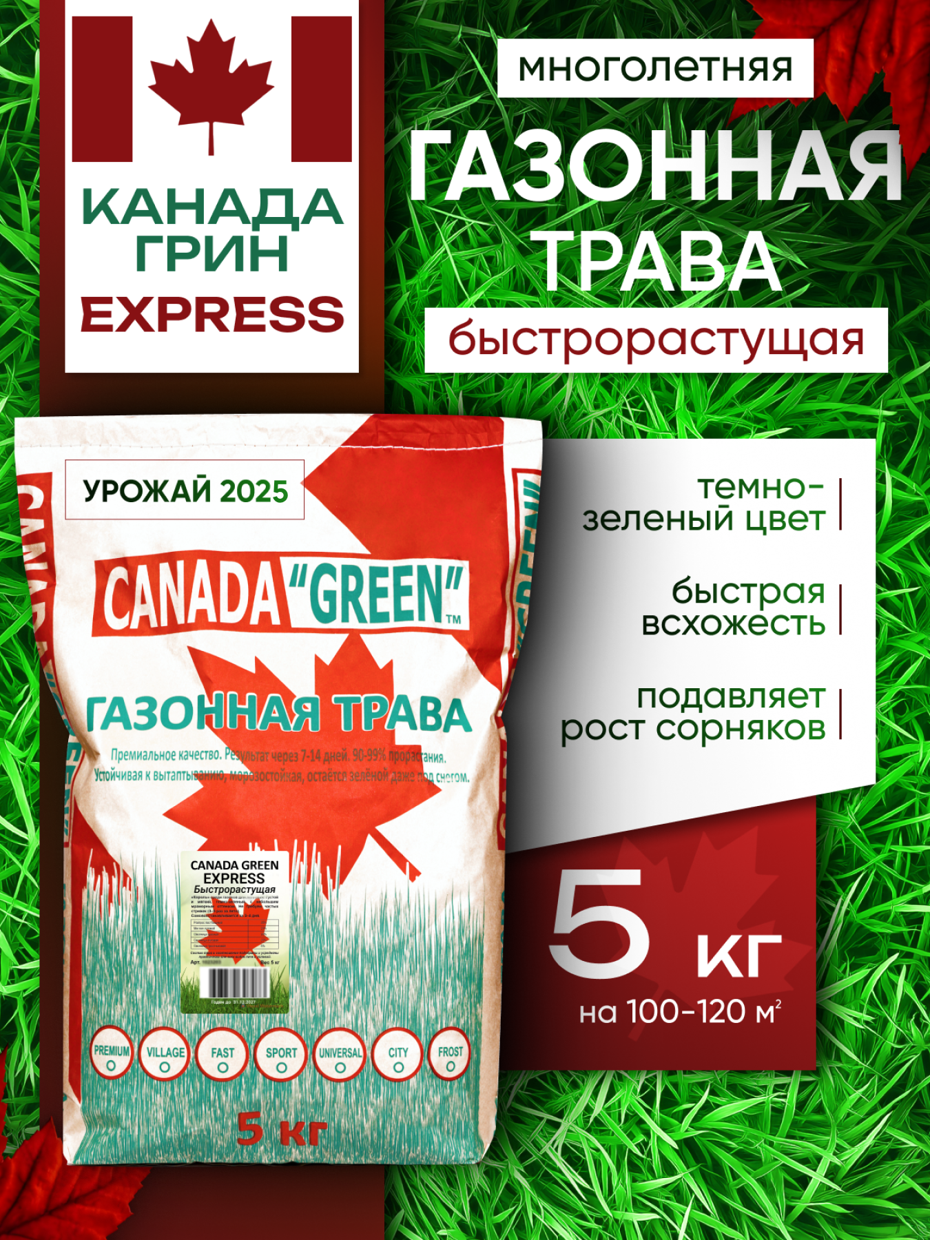 Газонная трава семена Канада Грин EXPRESS Быстрорастущая 5 кг / семена газона райграс, мятлик, овсяница