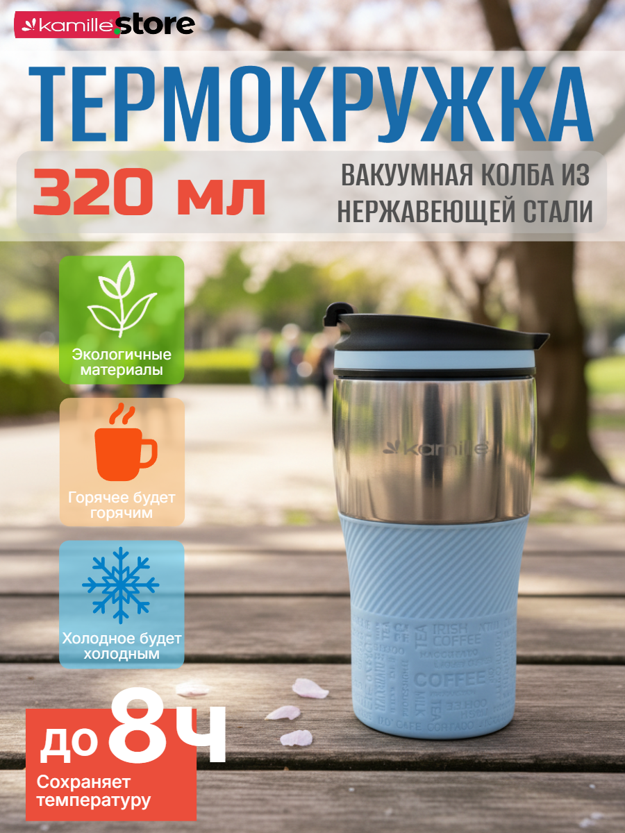 Термокружка 320 мл. из нержавеющей стали Kamille KM 2155 с TPR накладкой (2155 / голубой)