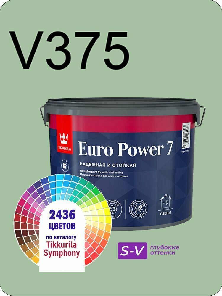 Краска для стен и потолков Tikkurila Euro Power 7 9л. глубокие оттенки V375