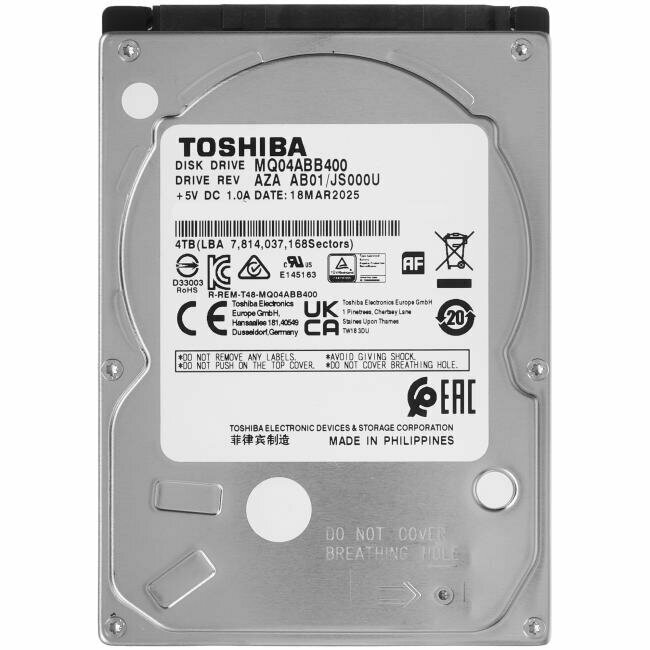 4 ТБ Жесткий диск Toshiba MQ04AB [MQ04ABB400] [SATA III, 5400 rpm, 151 Мбайт/сек, кэш-память - 128 МБ]