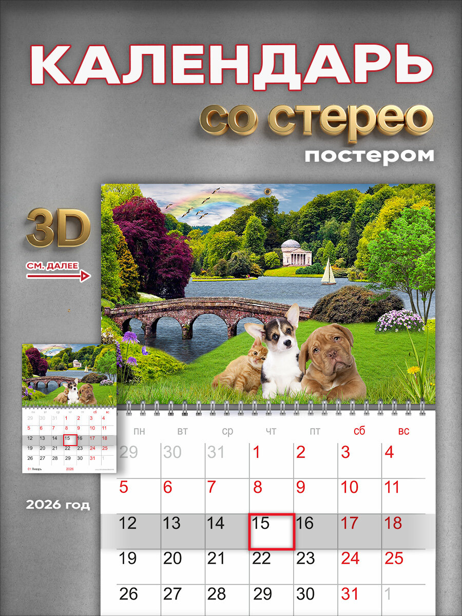 Настенный отрывной стереокалендарь "Щенки и котенок в парке"
