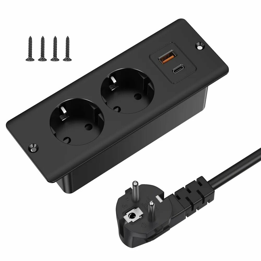 HITRENDS Встраиваемый удлинитель с 2 розетками и 1 USB + 1 Type-C (быстрая зарядка), встроенный монтаж, защита от перегрузки, 4000W 16A 240V, огнестойкий, кабель 2 м