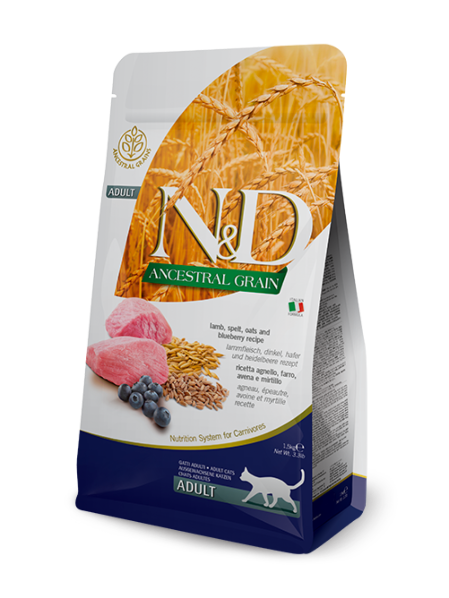 Сухой корм FARMINA N&D Ancestral Grain (Фармина) для взрослых кошек с ягненком и черникой, 1,5 кг