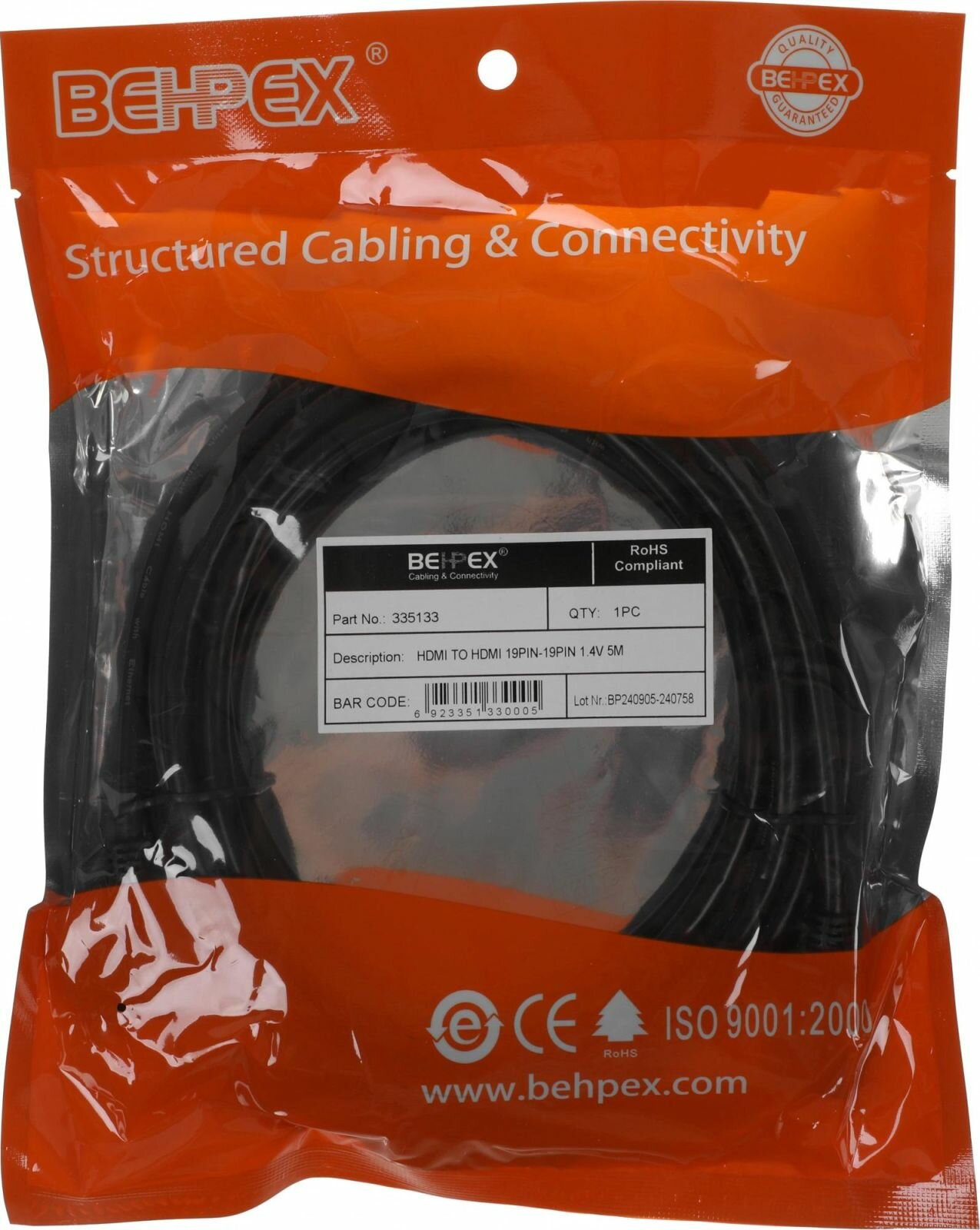 Кабель аудио-видео High Speed ver.1.4, HDMI m - HDMI m, 5 м, позолоченные контакты, черный
