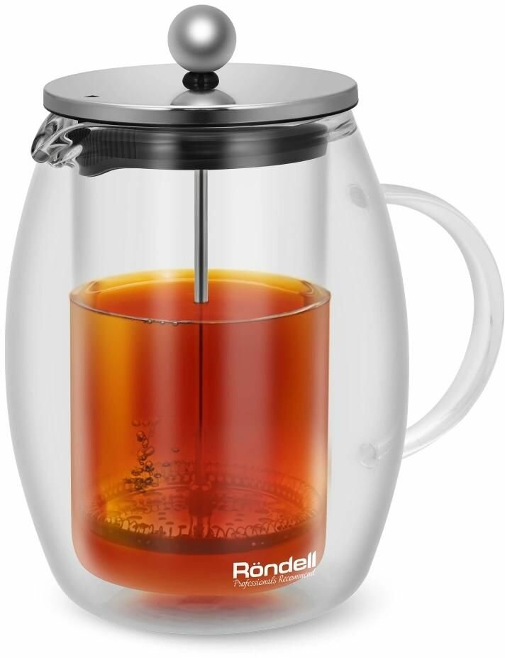 Френч-пресс Rondell Calypso 0,6 л, прозрачный, термостойкое стекло, нержавеющая сталь, пластик (RDS-1821)