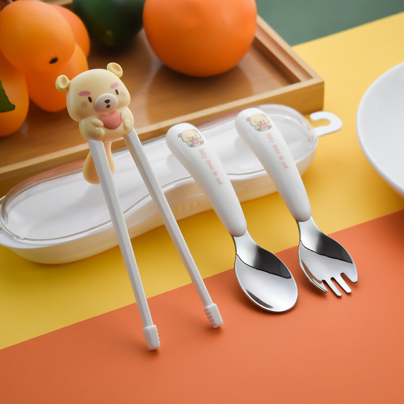 Набор детской посуды из нержавеющей стали с медвежьим дизайном, вилка, ложка и детские столовые приборы, компактный для