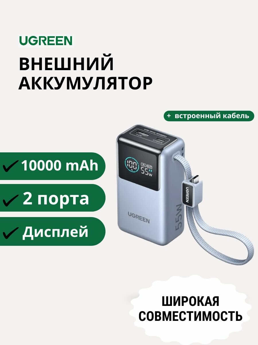 Внешний аккумулятор UGREEN PB727(75701B) 10000mAh 55W, USB A + USB C светло-серый/Повербанк