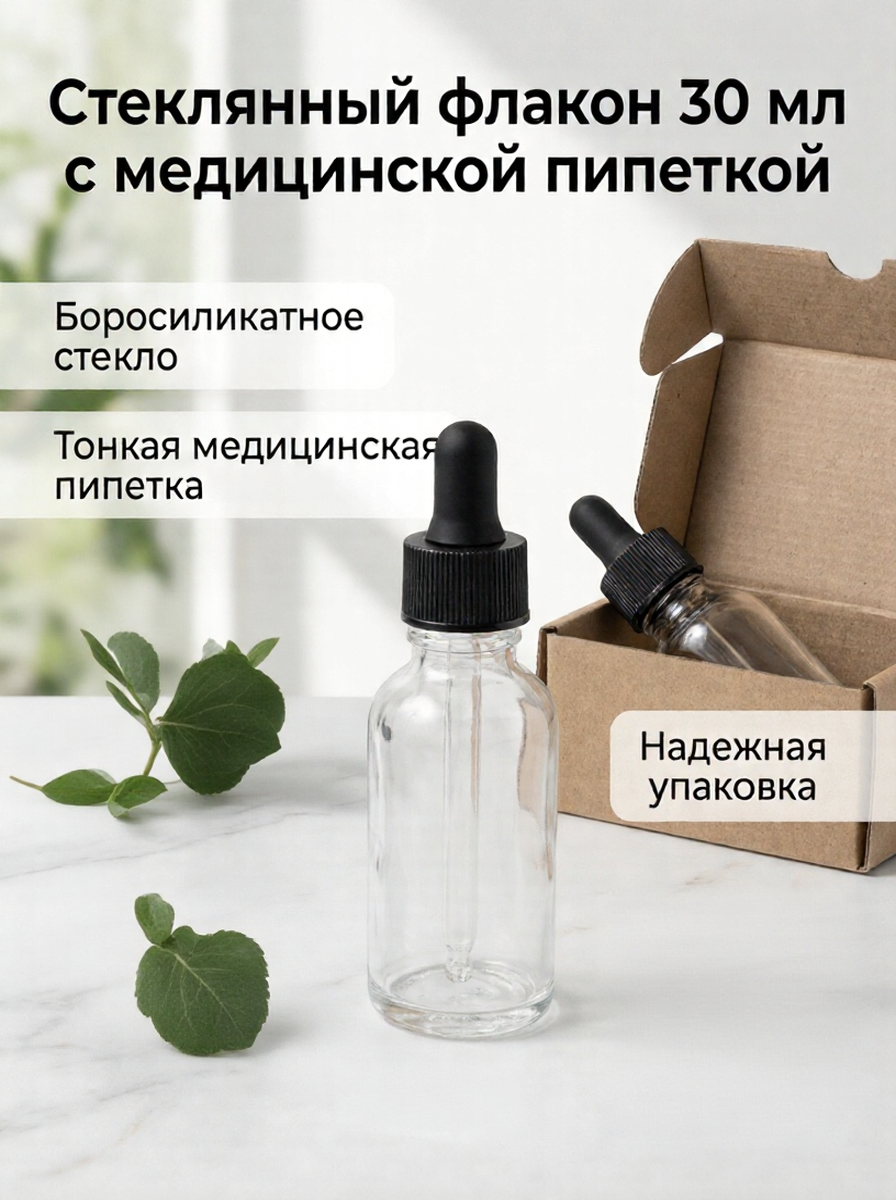 Стеклянный прозрачный флакон 30 мл с пипеткой для масел, эссенций