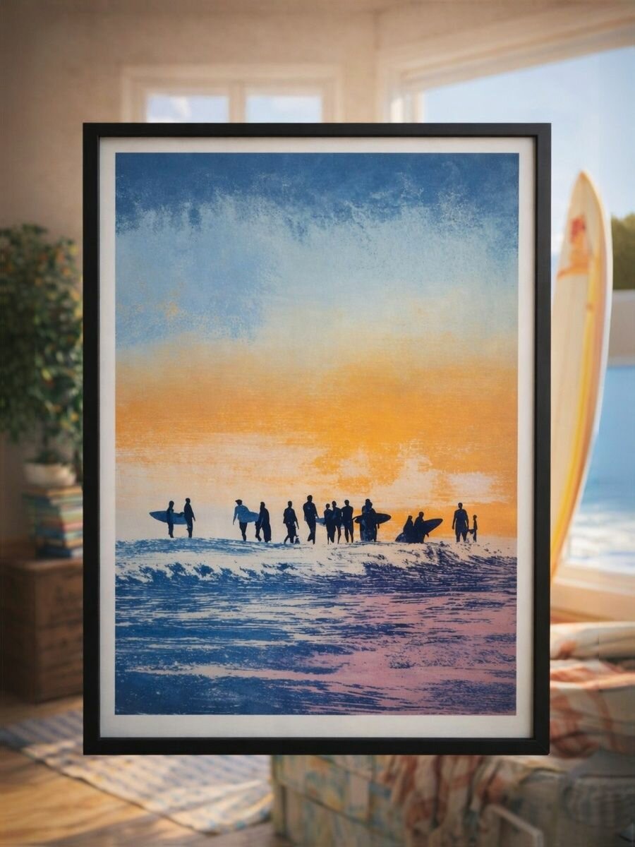Постер на стену серферы волна 30х40 см минималистичный плакат на стену, современный декор комнаты