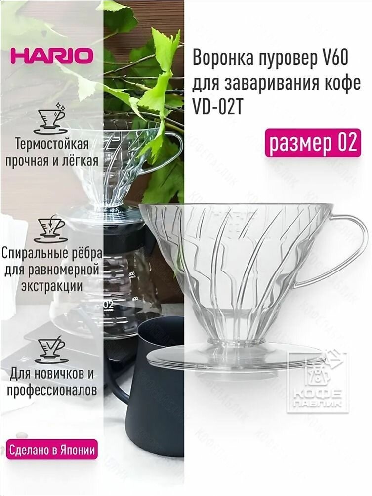 Прозрачная пластиковая воронка HARIO V60 VD02T, бестселлер для идеального кофе