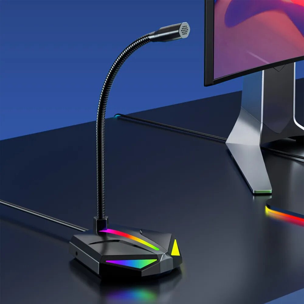 Компьютерный микрофон настольный для стриминга и записи с RGB подсветкой, конденсаторный красный — фото 1