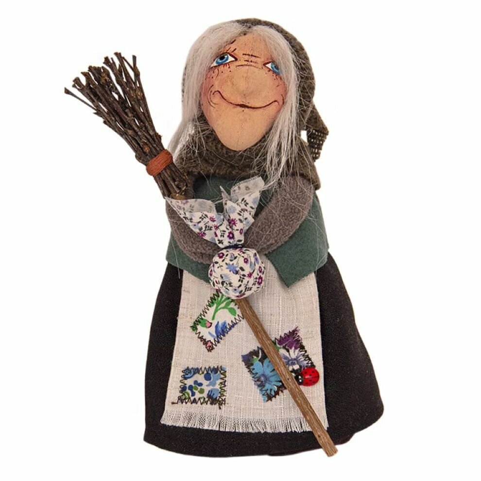 Кукла игрушка текстильная авторская Баба Яга с помелом и узелком 21 см