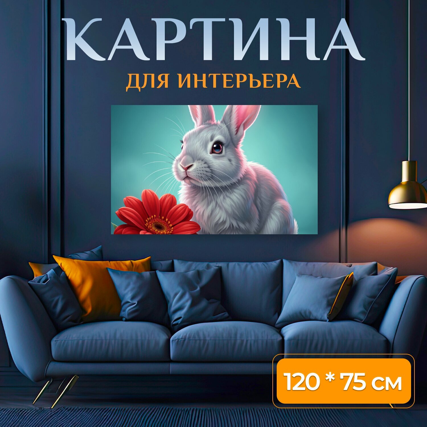 Картина на холсте "Белый кролик с красным цветком. Милый пушистый зайчик в реалистичном цифровом стиле, крупные уши, серо-белая шерсть и яркий." на подрамнике 120х75 см. для интерьера