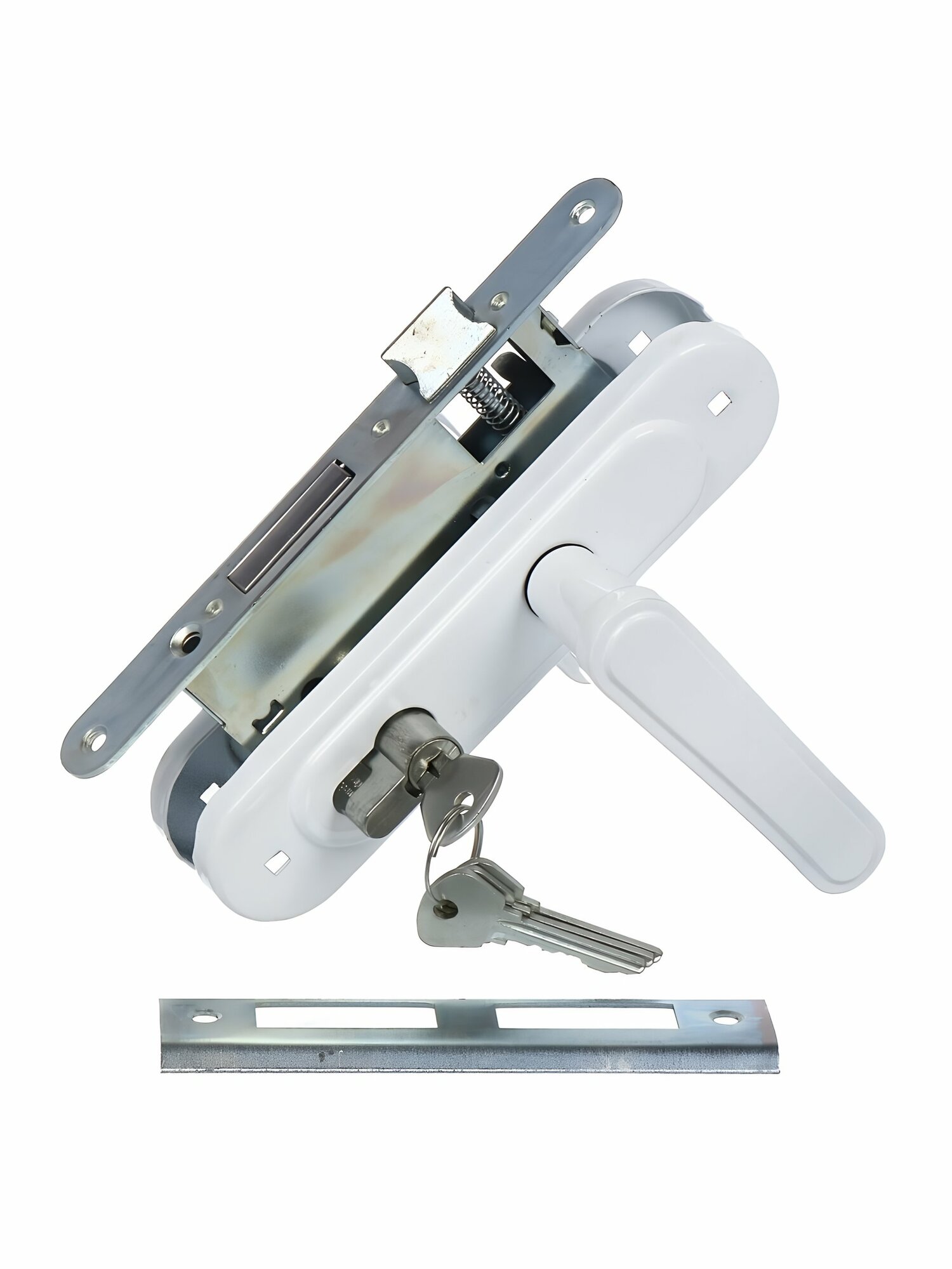 Замок врезной Птимаш ЗВ4-3.03 (ЗВ4) с ручкой, цилиндровый, универсальный, белый, 55 мм, 4 ключа, стальной, 12 792