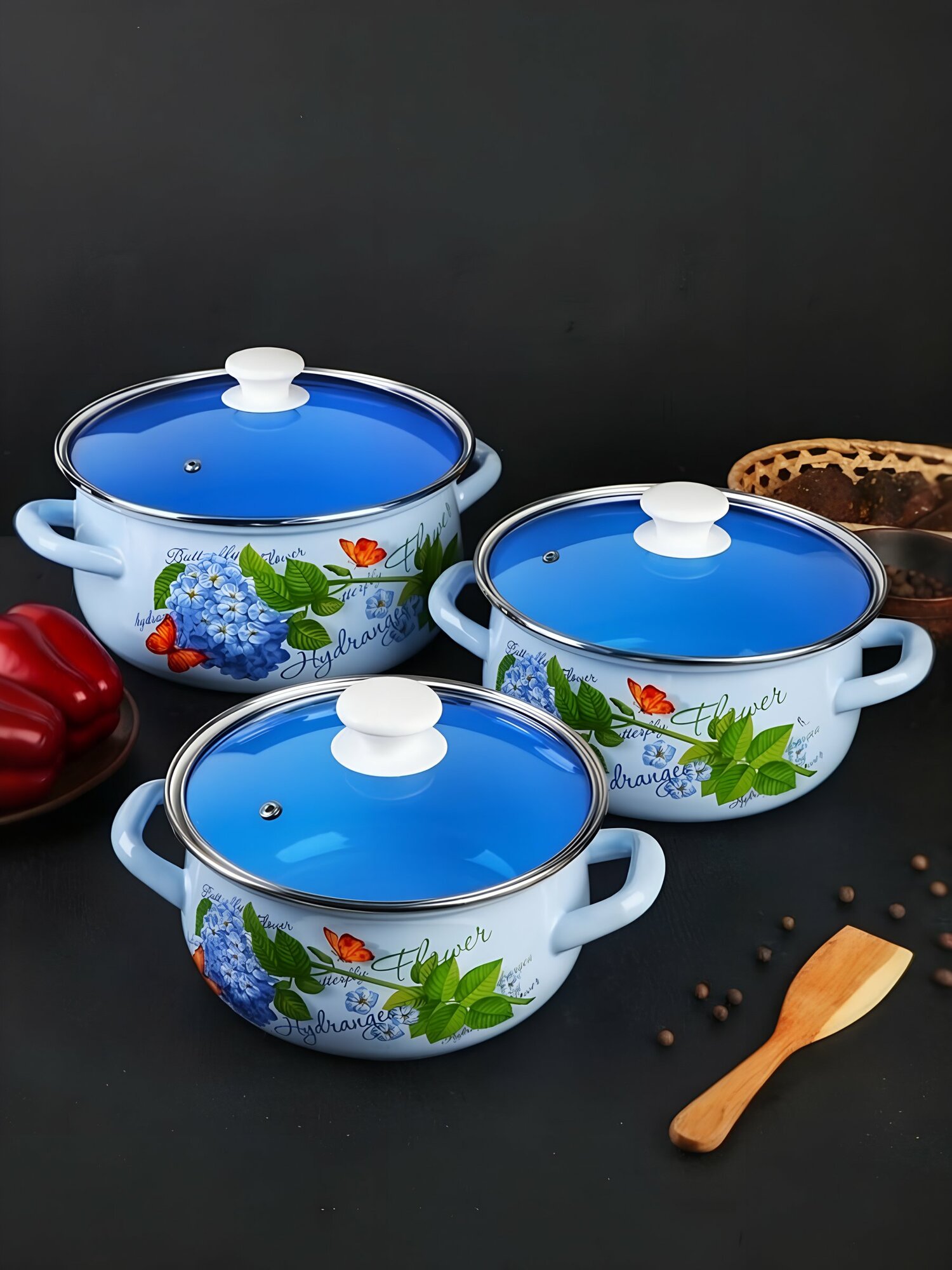 Набор посуды эмалированная сталь, 6 предметов, кастрюли 2,3,4 л, Керченский металлургический завод, Гортензия-Экстра