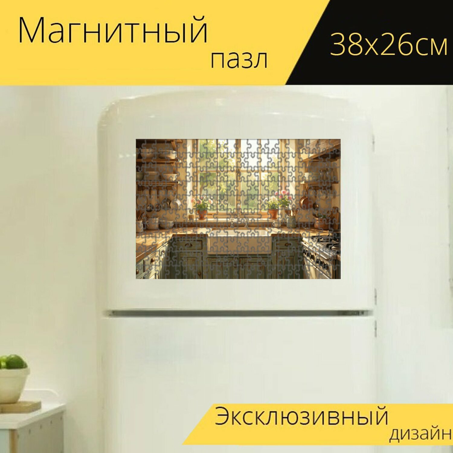 Магнитный пазл "Уютная кухня у окна с цветами. Светлая домашняя столовая зона в стиле кантри: деревянные шкафчики, белая раковина, открытые полки, посуда и." для интерьера, 38х26 см.
