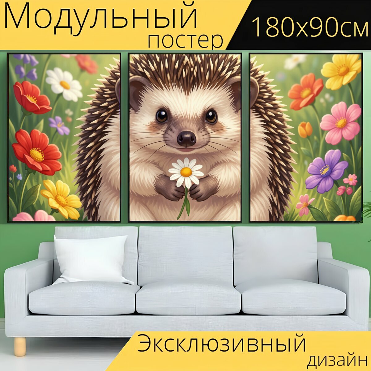 Модульный постер "Ежик в цветочном лугу. Милый лесной зверёк с иголками сидит среди ярких полевых цветов и держит ромашку. Нежная." 180 x 90 см. для интерьера на стену в тубусе