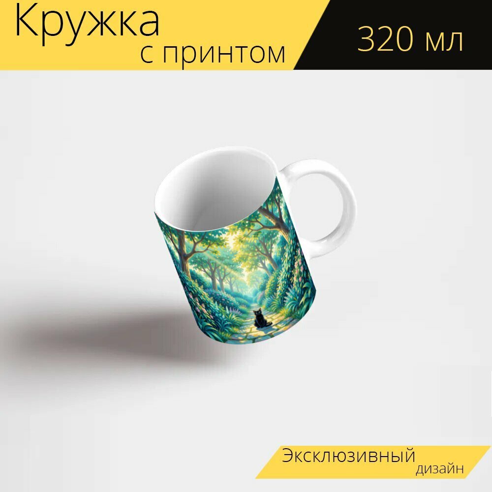 Кружка с рисунком, принтом "Черный кот в лесной аллее. Сказочная лесная тропинка в солнечном свете, окруженная густой зеленью и нежными цветами. В центре сидит черный кот." 320 мл.