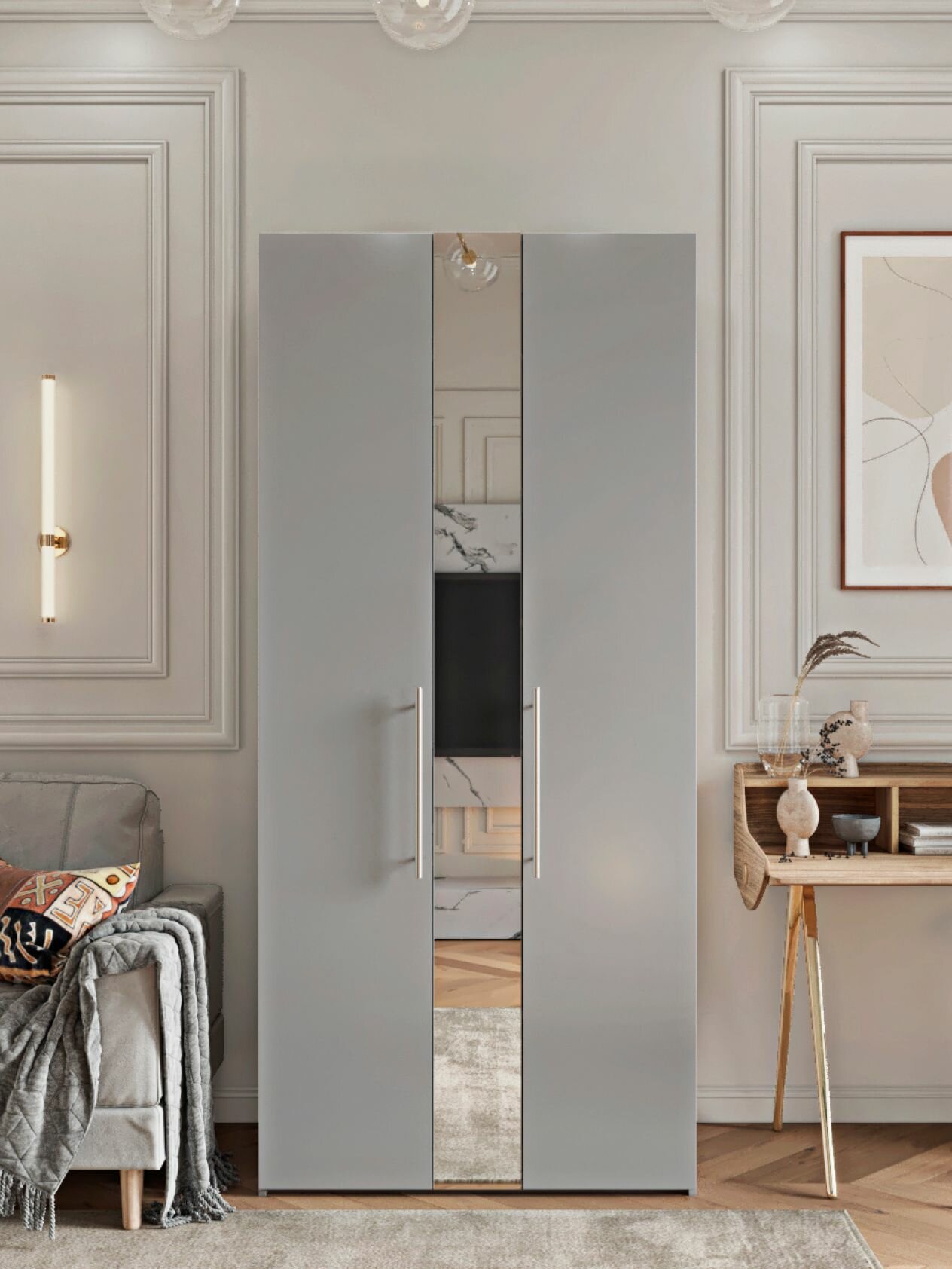 Casa Mia 85x60x240 см. Шкаф для одежды распашной с зеркалом, 2-дверный с полками и штангой , серый, ручка рейлинг 320 мм