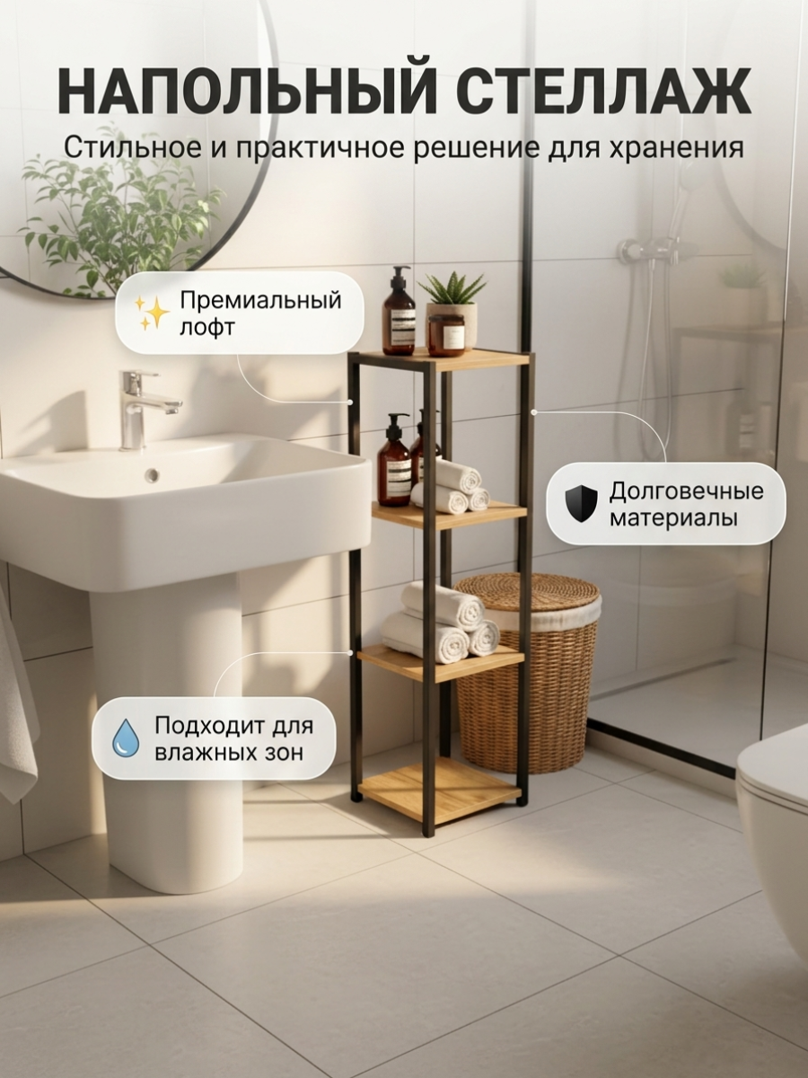 Стеллаж напольный металлический в стиле лофт (30*25*99 см) Дуб вотан