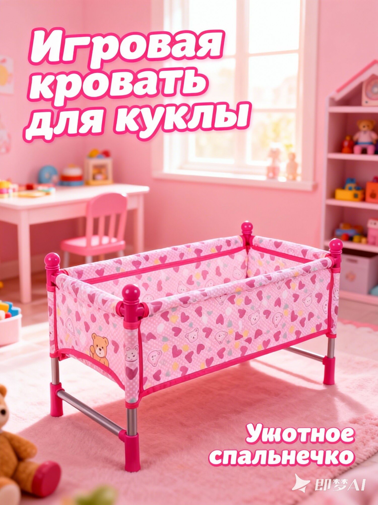 Igrushechnaya krovat dlya kukol iz plastika 45x23x22 cm rozovaya dlya spalni kukly