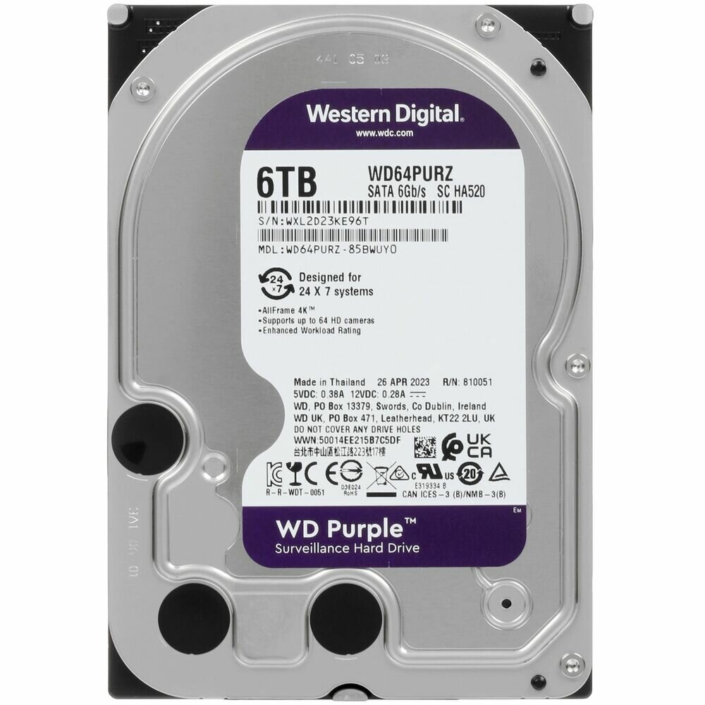 Внутренний жесткий диск 3,5" 6Tb Western Digital (WD64PURZ) 256Mb 5400rpm SATA3 Purple RECERTIFIED