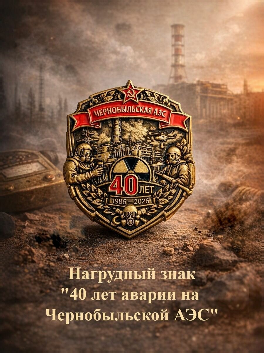 Нагрудный Знак "40 лет Чернобыльской аварии", с удостоверением, крепление винт