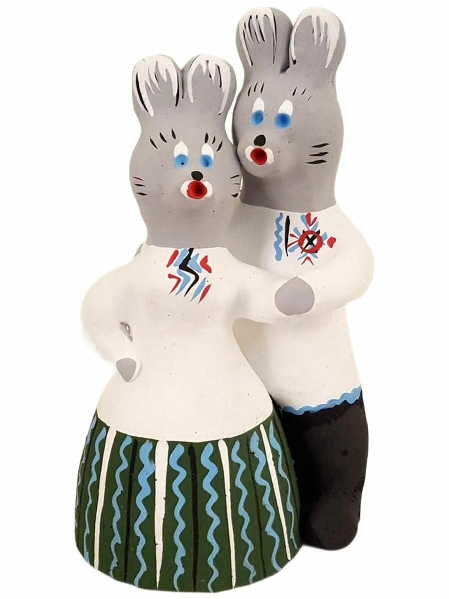 Заяц с зайчихой парочка-1, Каргопольская глиняная игрушка, ручная авторская работа