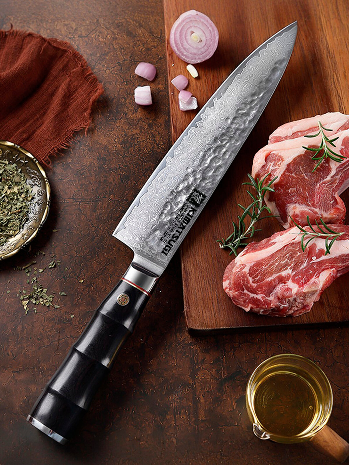 Kimatsugi / Японский кухонный Шеф-нож из дамасской стали 67 слоев. Длина лезвия 20,5 см. В подарочной коробке