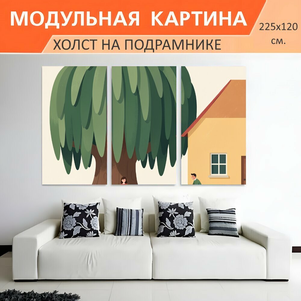 Модульная картина на холсте "Дом с велосипедом и деревом. Стилизованная летняя сцена с большой плакучей кроной, уютным жёлтым домом." триптих на подрамнике 225х120 см. для интерьера