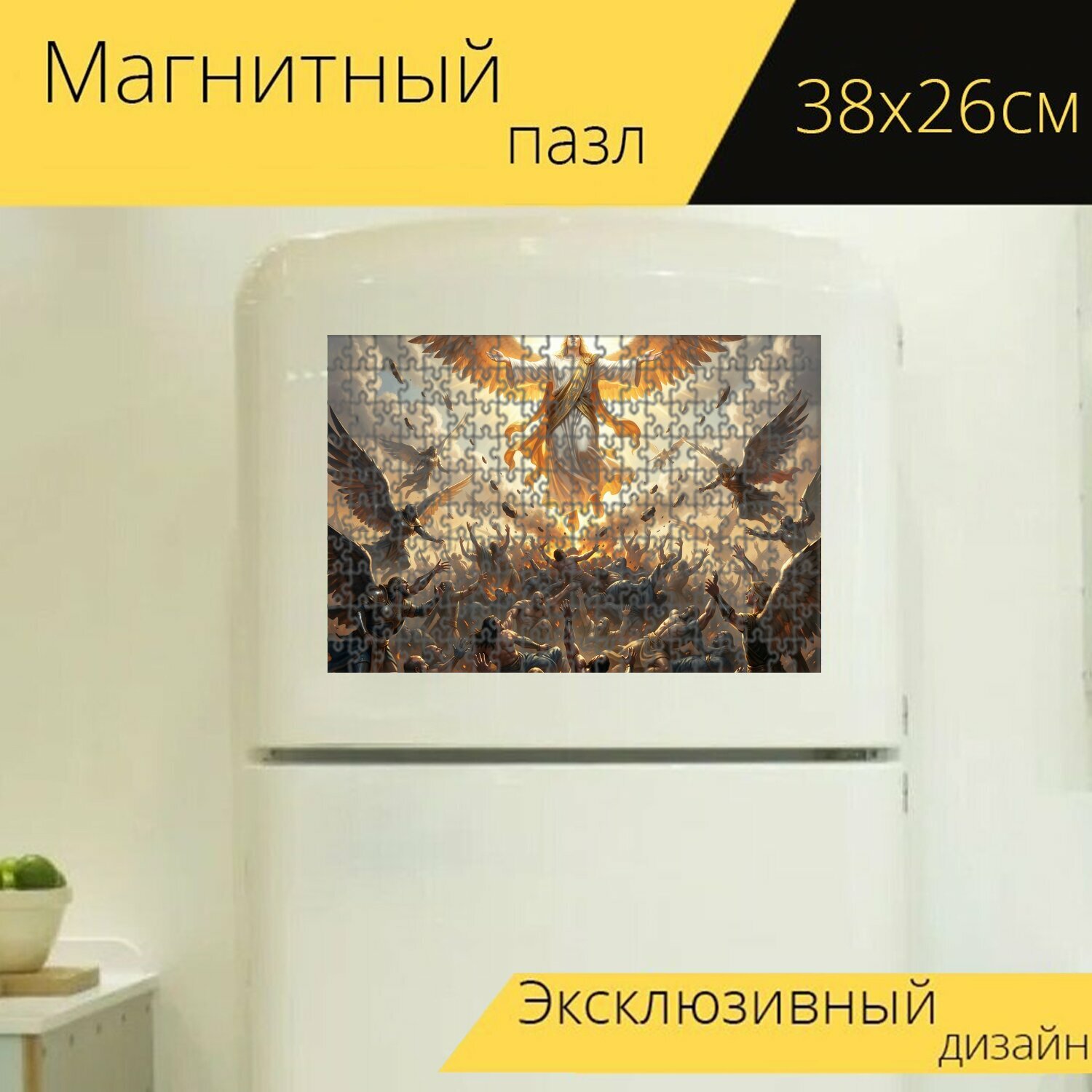 Магнитный пазл "Ангел света над битвой. Эпическая небесная сцена: сияющий крылатый спаситель с золотым ореолом парит над полем сражения, вокруг летят воины." для интерьера, 38х26 см.