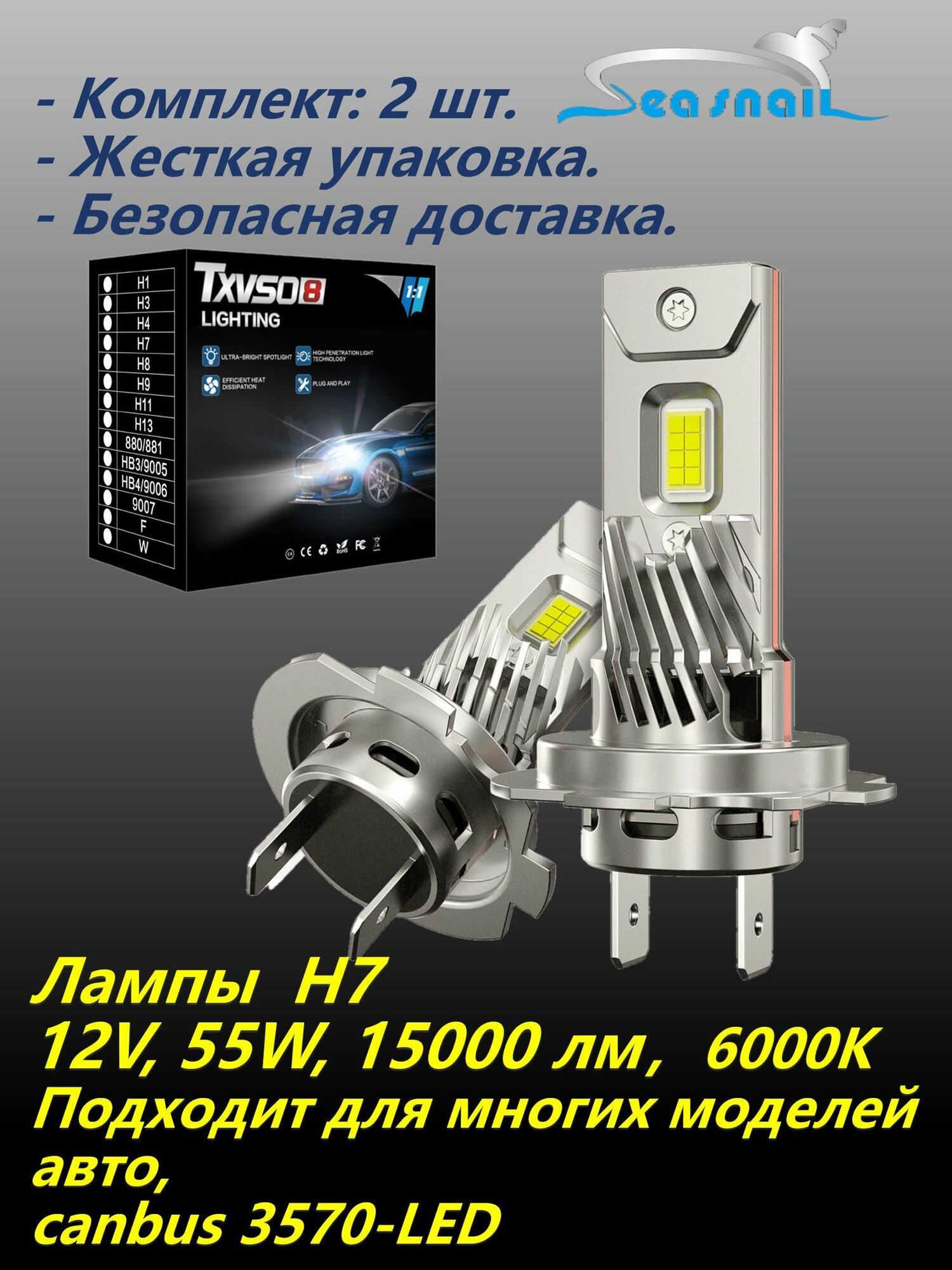 TXVSO8 Фары автомобильные, 2 шт, арт. H7，12V，55W，6000K，22000LM