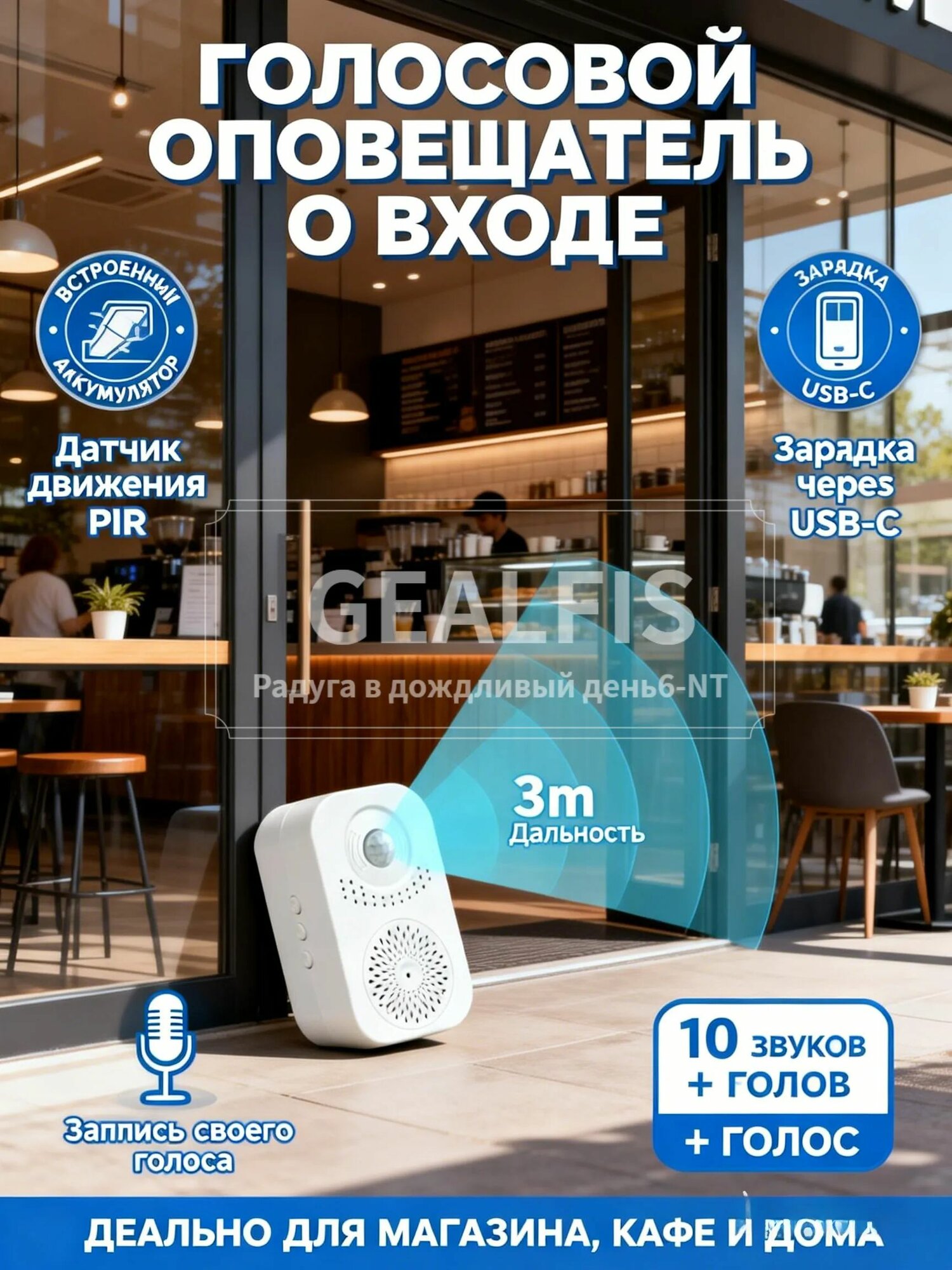 Оповещатель о входе с датчиком движения беспроводной GEALFIS для магазина и дома сигнализация с функцией записи голоса 10 звуков USB-C