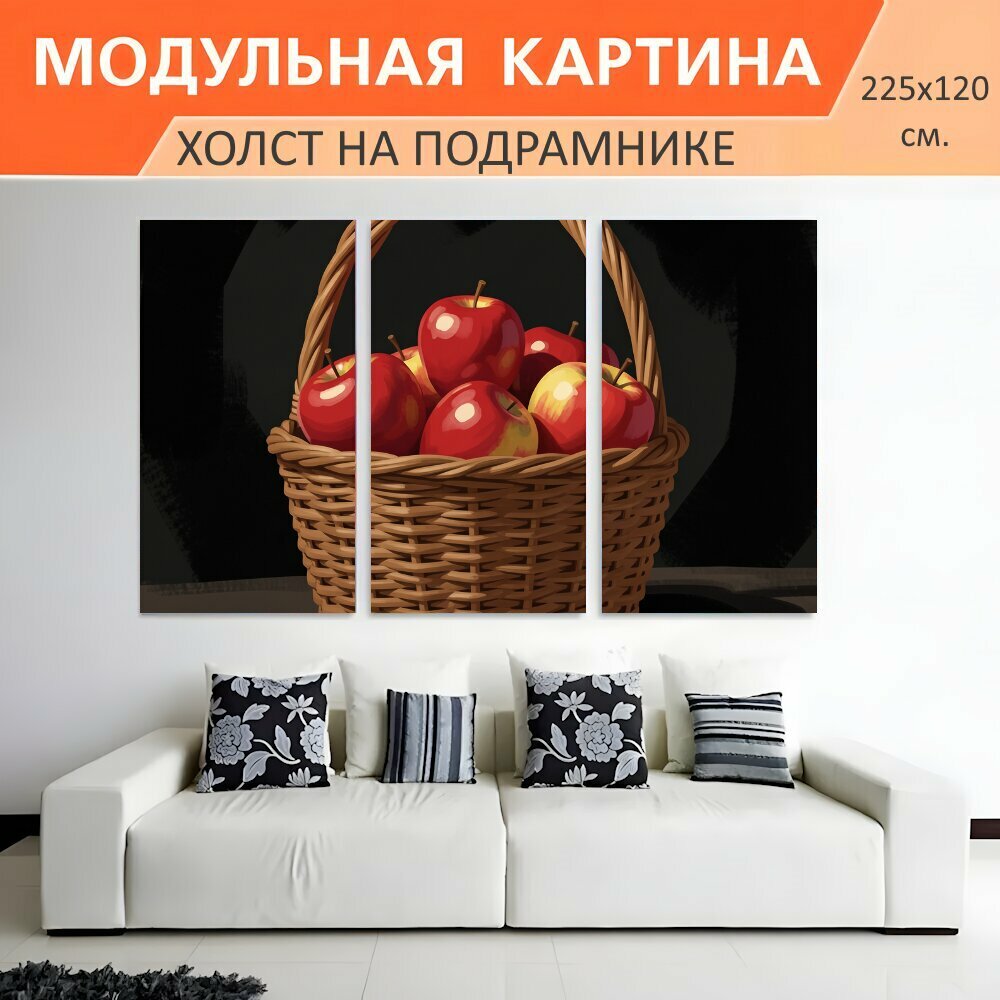 Модульная картина на холсте "Корзина с красными яблоками. Плетёная корзинка с сочными алыми плодами, реалистичная цифровая." триптих на подрамнике 225х120 см. для интерьера